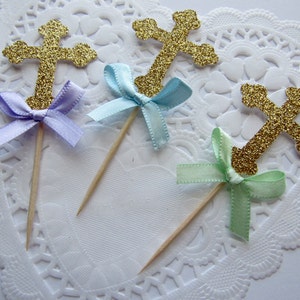 Gold and Pink Cross Cupcake Toppers, Baptism Cupcake Toppers, Communion ...