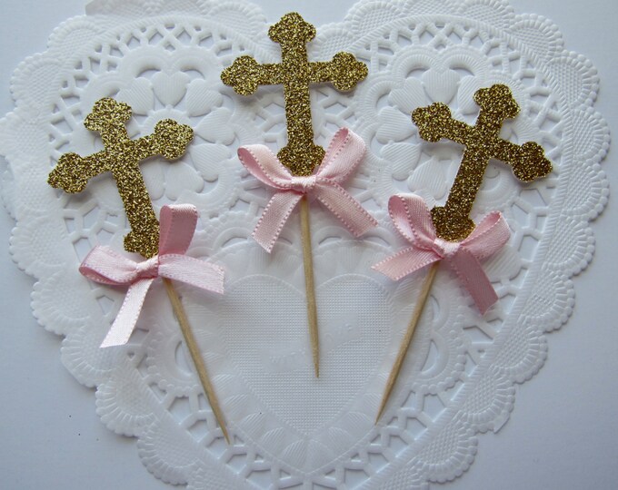 Gold and Pink Cross Cupcake Toppers, Baptism Cupcake Toppers, Communion ...