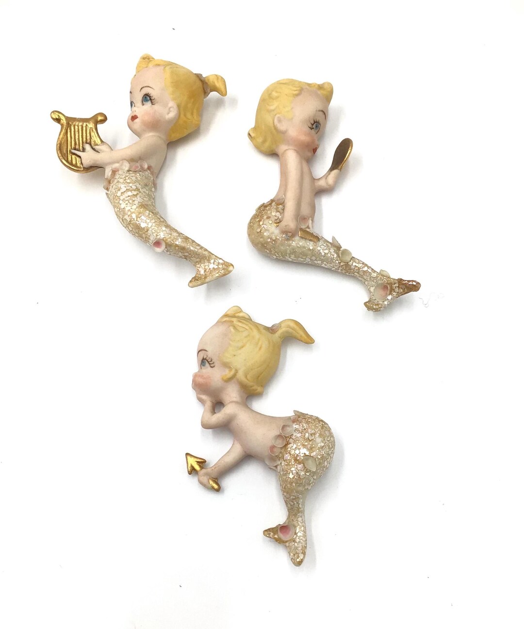 1950s Bathroom Mermaid Ceramic Chalkware Iridescent Shell Glitter, Gold ...
