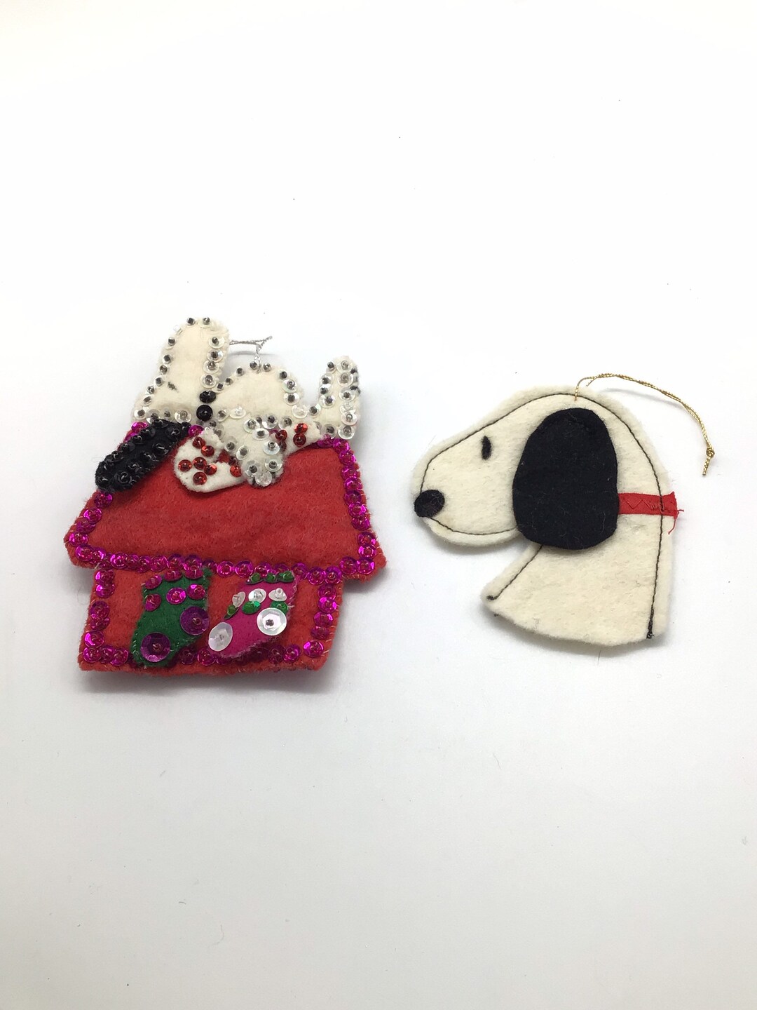 Two 50s Snoopy Hand Made Vintage Sequin Seed Bead Felt Christmas Tree ...