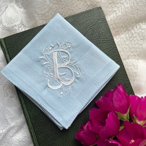 Set of 3 Monogrammed Light Blue Handkerchiefs, Embroidered Initial ...