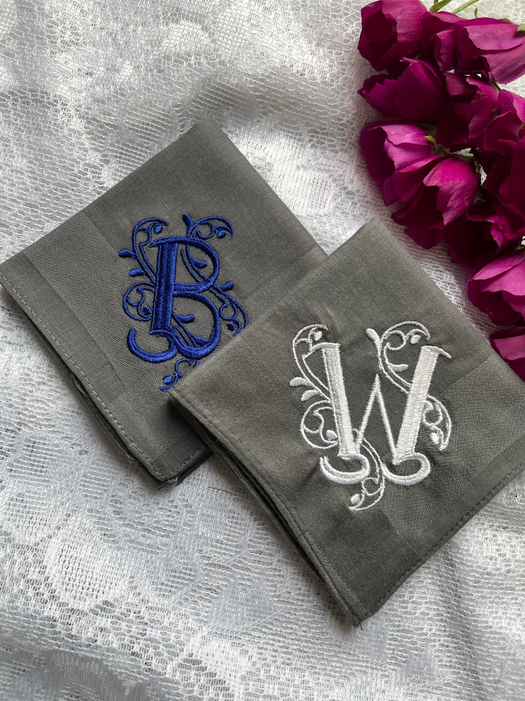 Set of 2 Solid Gray Handkerchiefs, Monogrammed Groomsmen Gift ...
