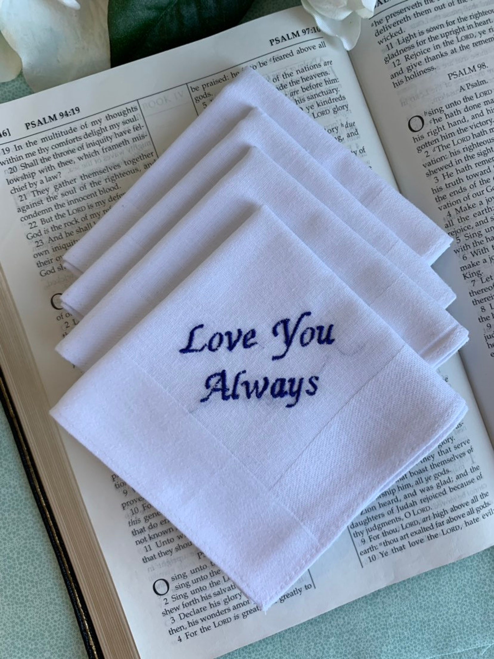 Set of 4 White Handkerchiefs Custom Phrase Personalized - Etsy