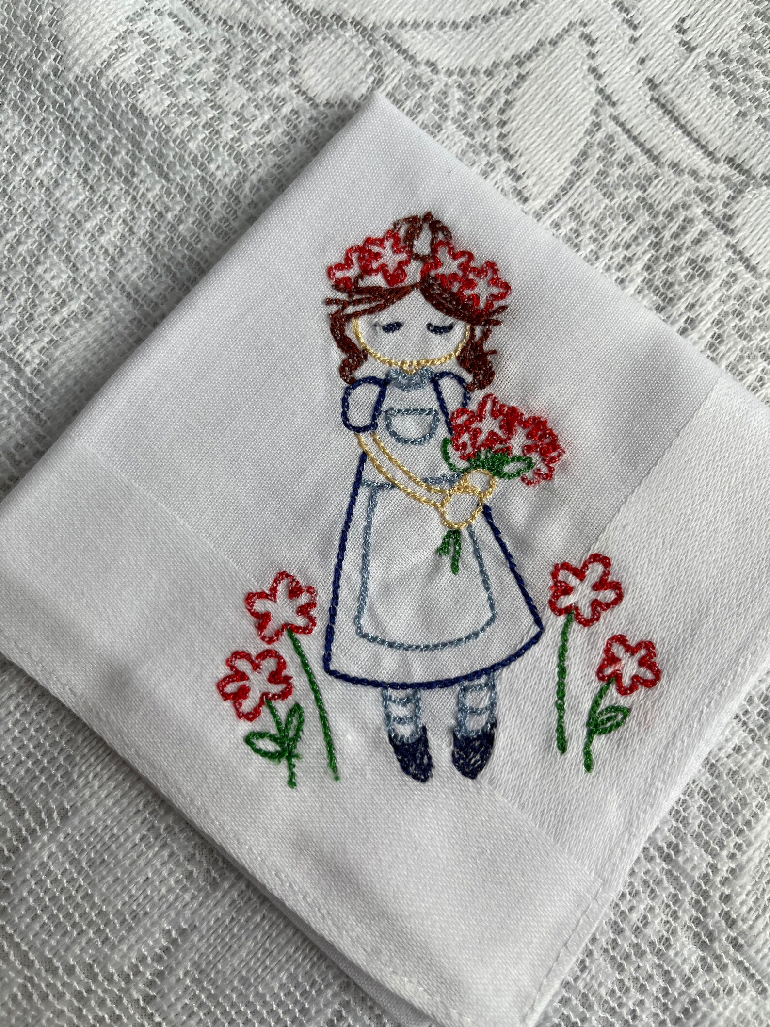 1 White Cotton Handkerchief - Sweet Girl With Flowers - Embroidered ...