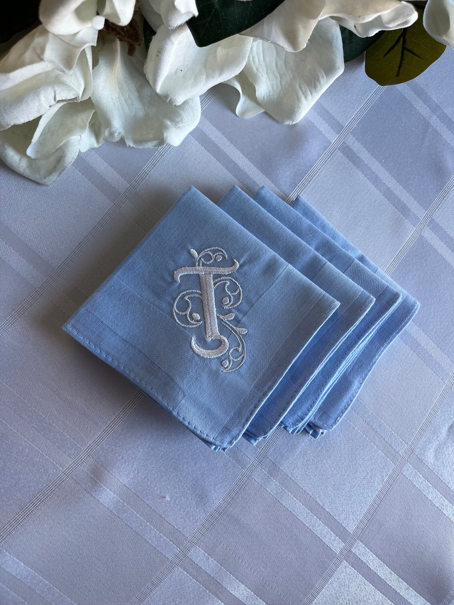 Set of 4 Light Blue Handkerchiefs, Monogrammed Hankies, Personalized ...