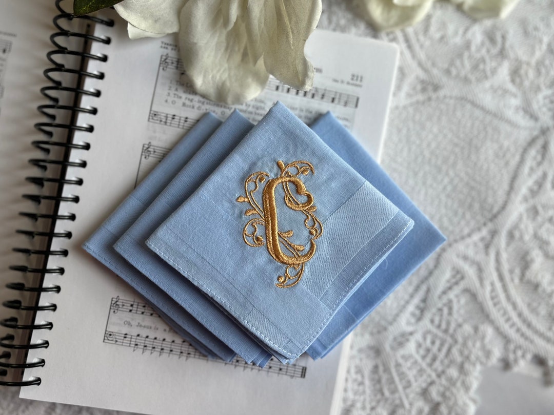 Set of 4 Light Blue Handkerchiefs, Monogrammed Hankies, Personalized ...