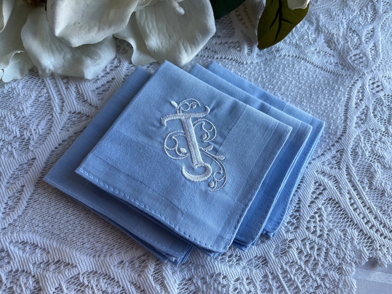 Set of 4 Light Blue Handkerchiefs, Monogrammed Hankies, Personalized ...
