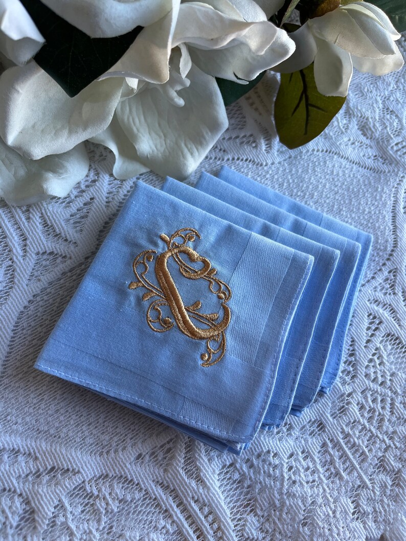 Set of 4 Light Blue Handkerchiefs, Monogrammed Hankies, Personalized ...