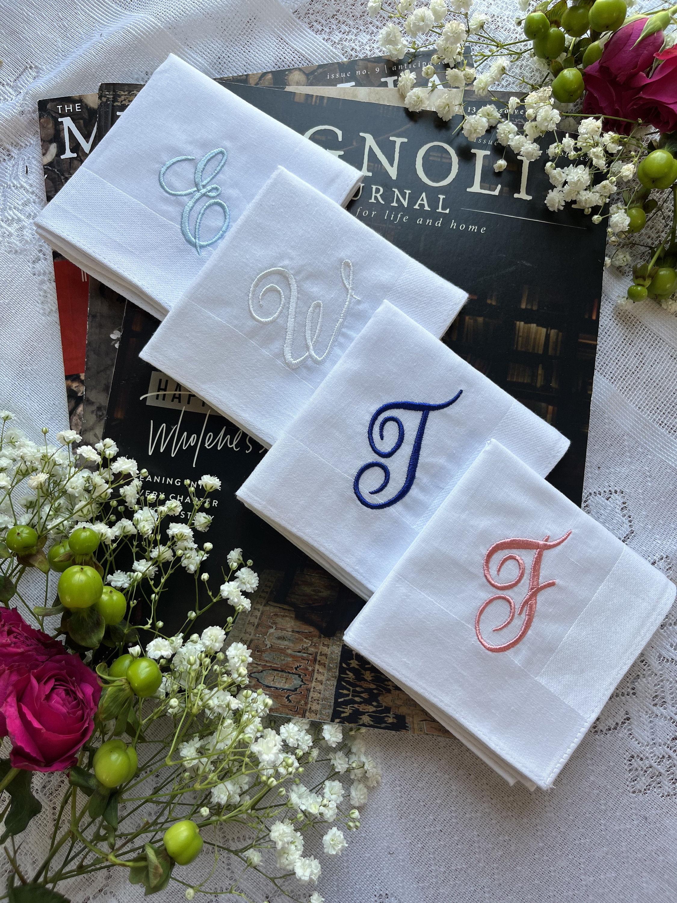 Set of 4 White Machine Embroidered Monogrammed Hankie Custom Thread ...