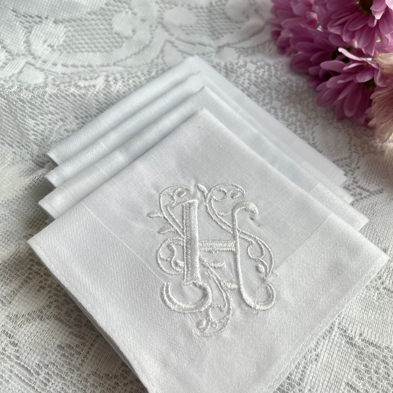 Set of 4 Custom Monogrammed Handkerchiefs White Personalized | Etsy UK