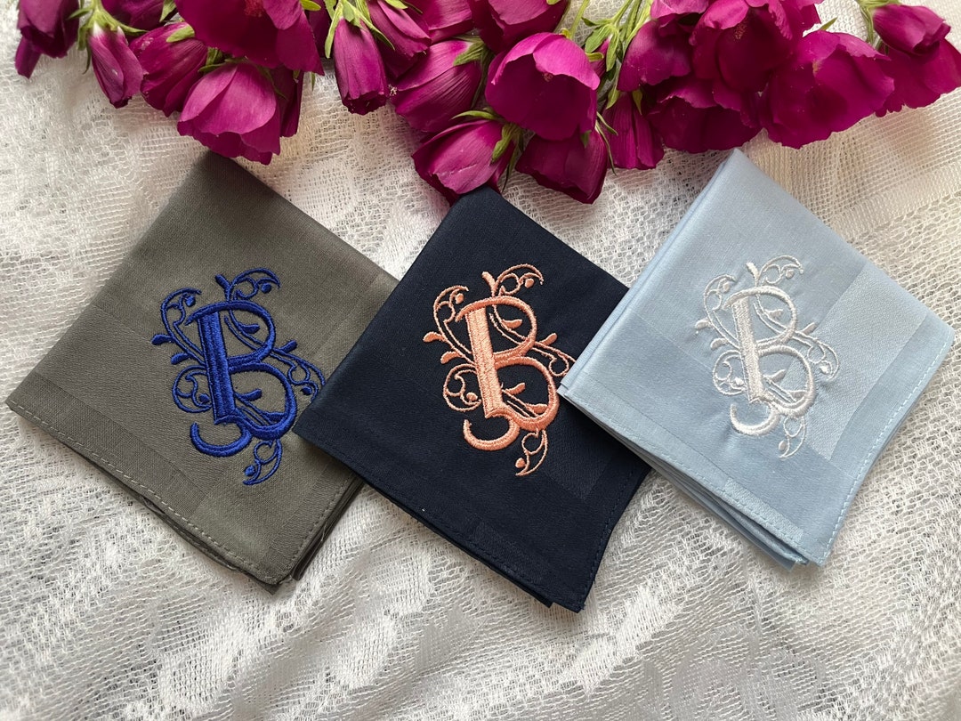 Set of 3 Handkerchiefs, Monogrammed Mens Gift, Personalized Embroidered ...