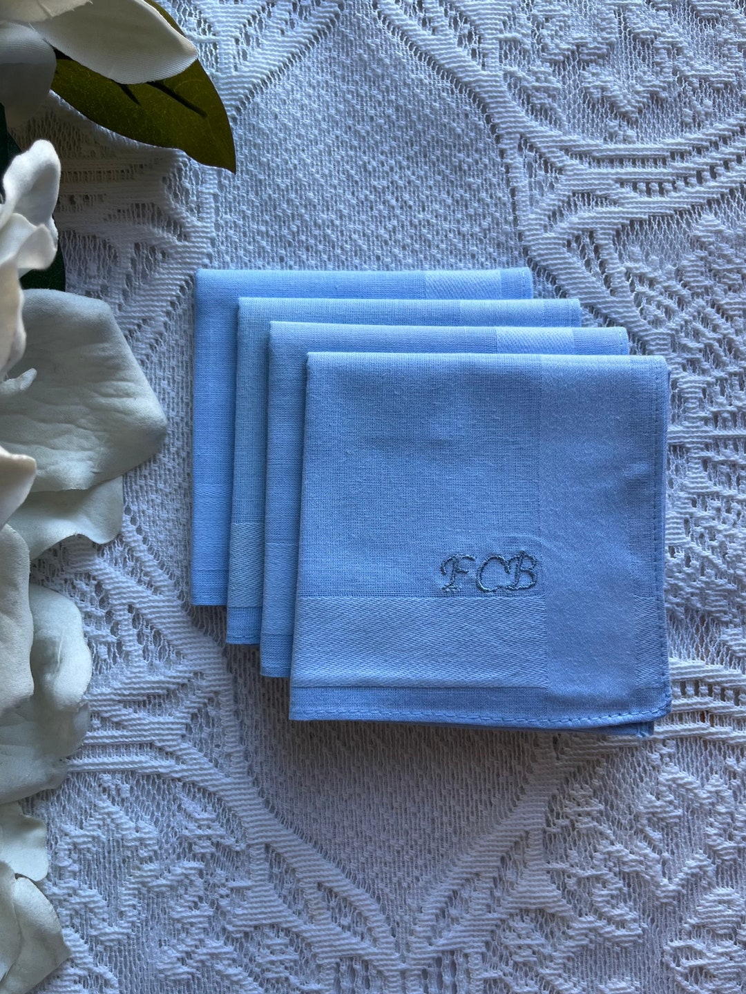 Set of 4 Light Blue Handkerchiefs, Monogrammed Hankies, Personalized ...