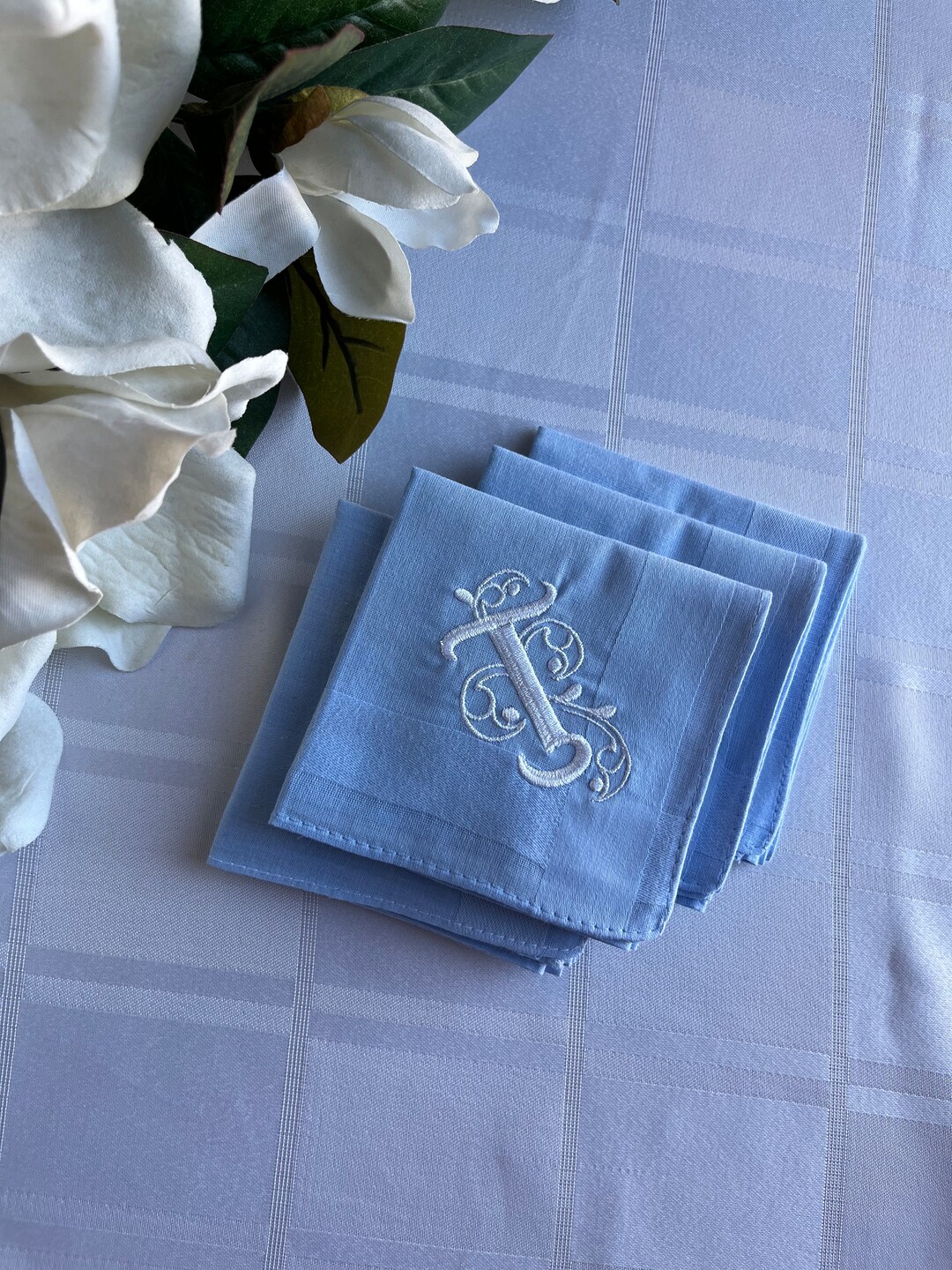 Set of 4 Light Blue Handkerchiefs, Monogrammed Hankies, Personalized ...