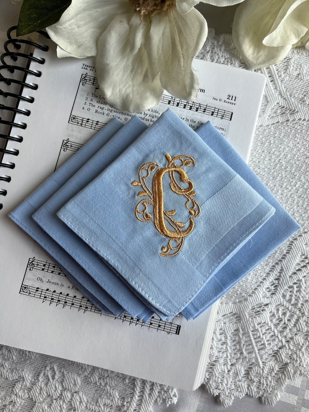 Set of 4 Light Blue Handkerchiefs, Monogrammed Hankies, Personalized ...
