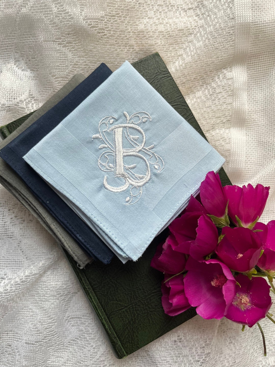 Set of 3 Handkerchiefs, Monogrammed Mens Gift, Personalized Embroidered ...