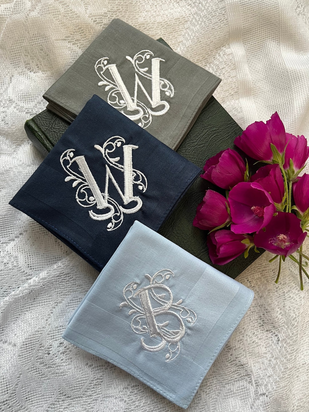 Set of 3 Handkerchiefs, Monogrammed Mens Gift, Personalized Embroidered ...