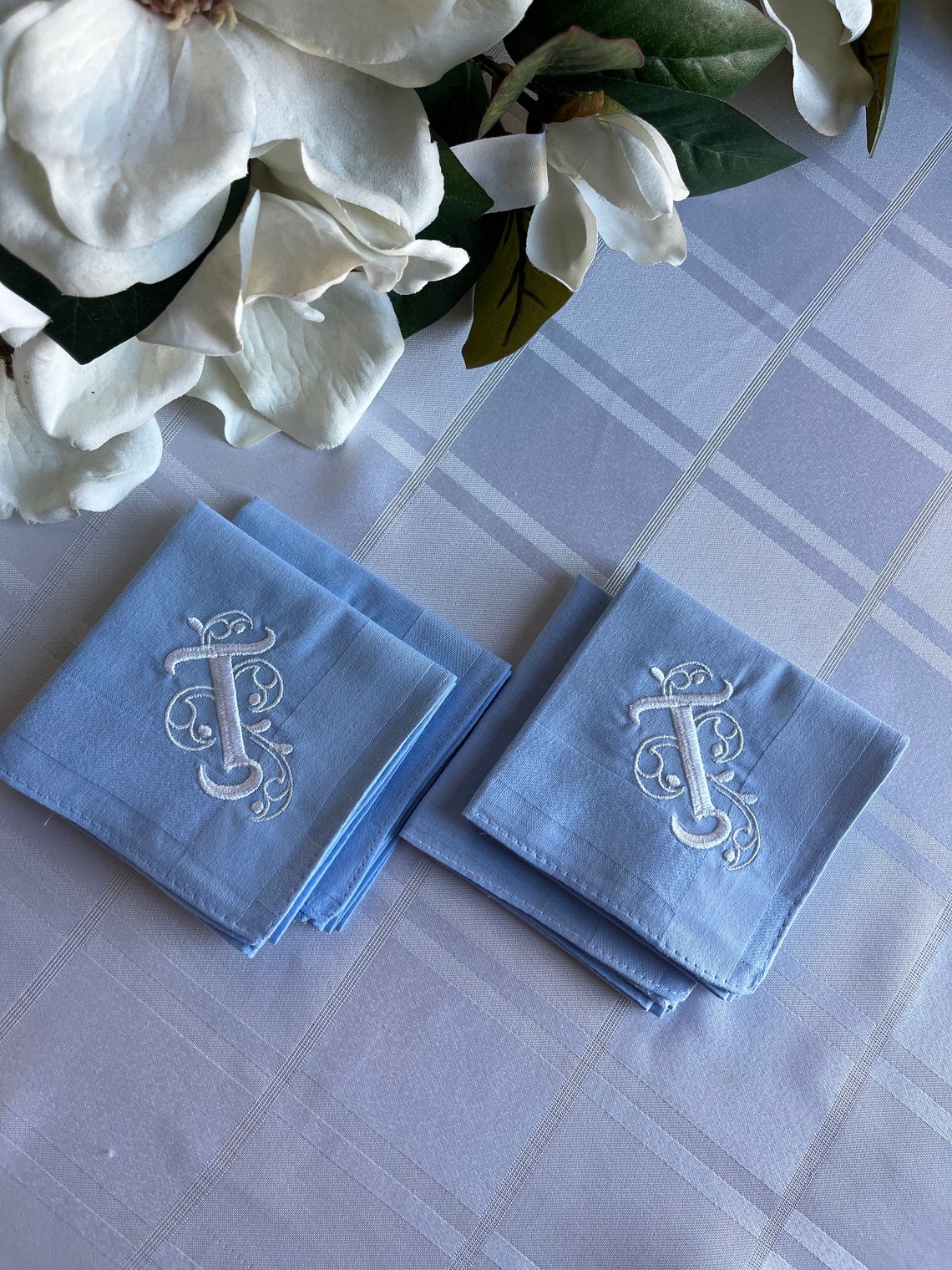 Set of 4 Light Blue Handkerchiefs, Monogrammed Hankies, Personalized ...