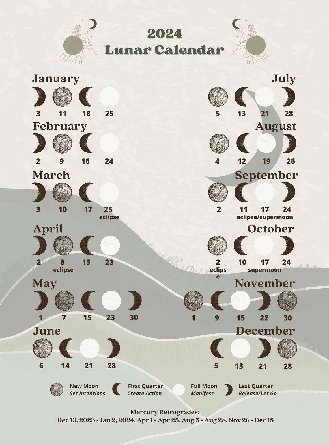 Lunar Calendar 2024 (digital) MOON CHILD Design - Etsy
