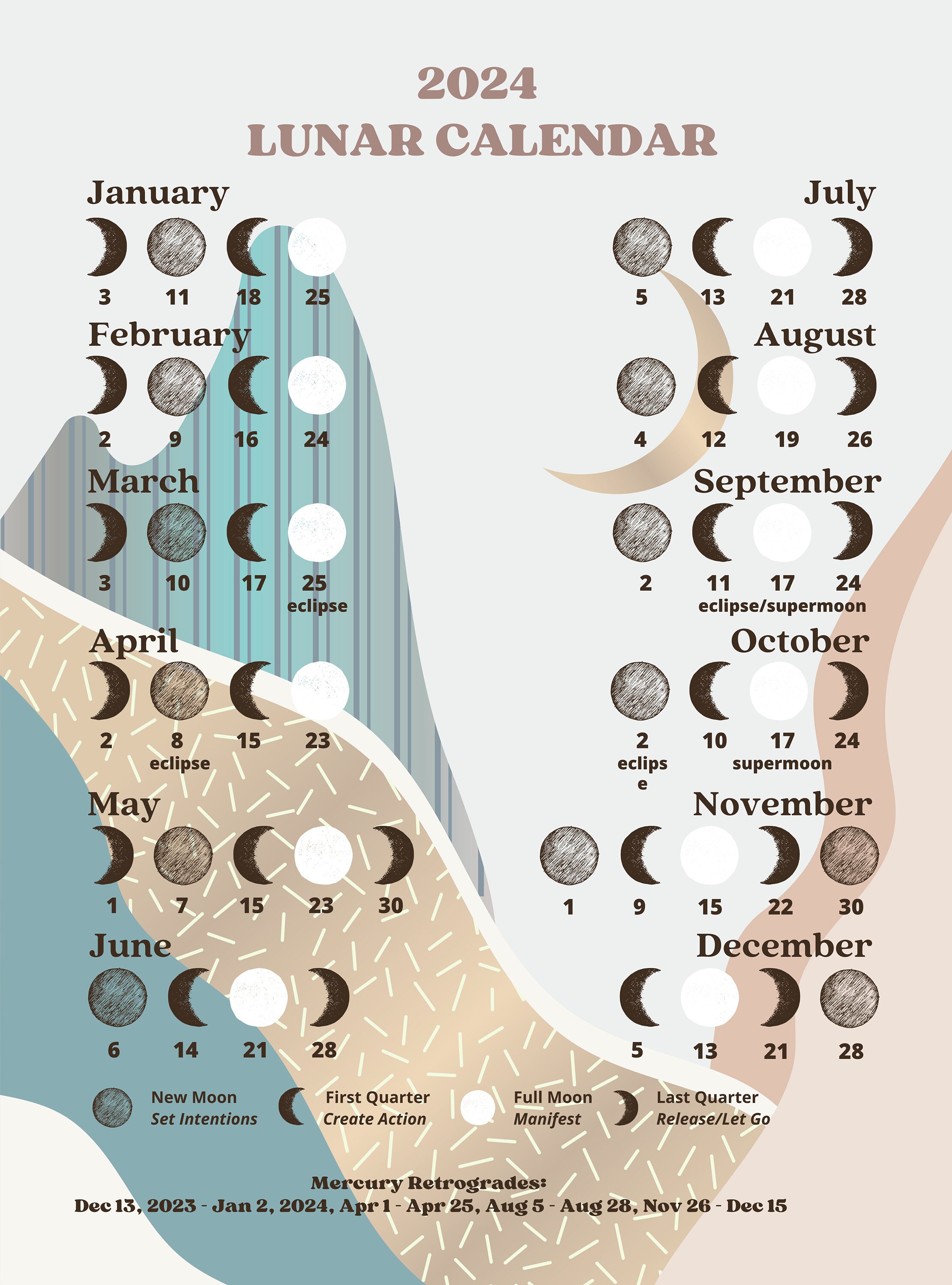 Lunar Calendar 2024 digital Moon Beam Design - Etsy
