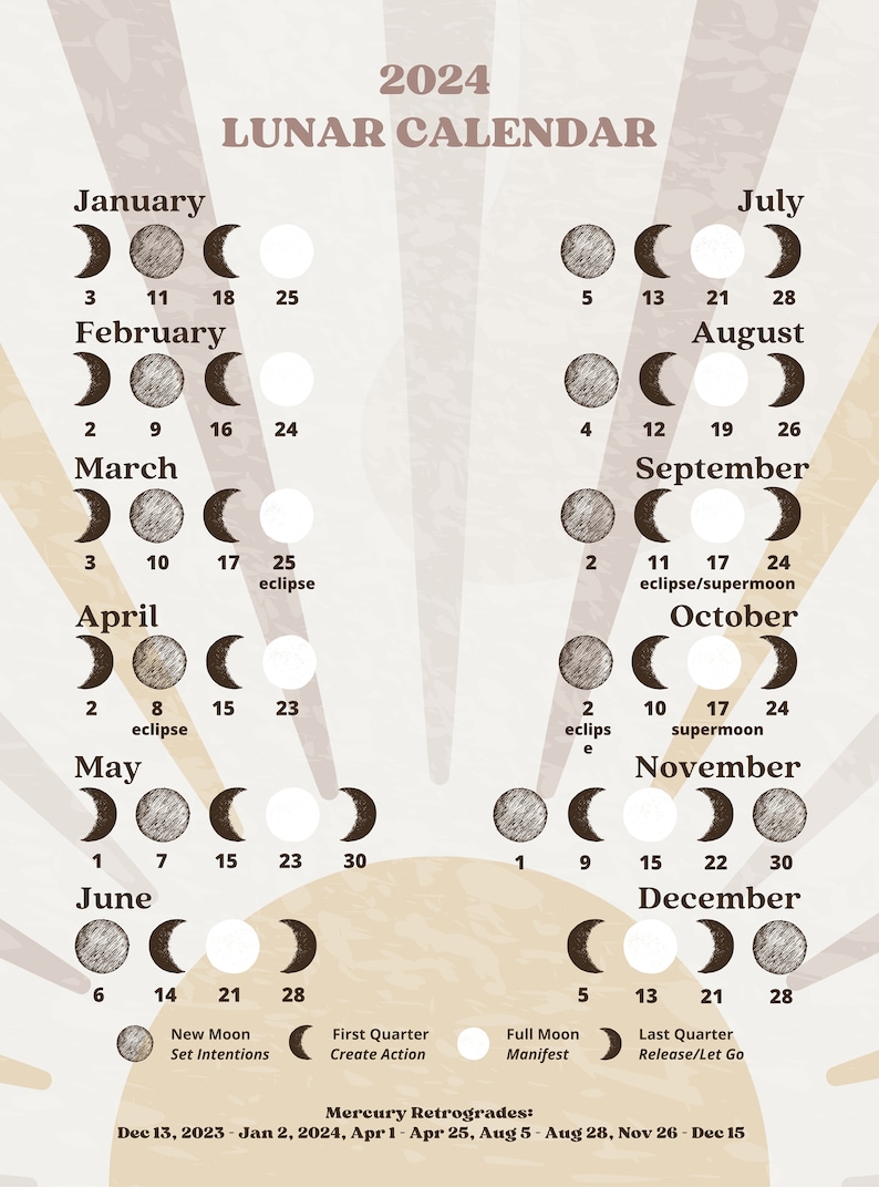 Lunar Calendar 2024 digital FEATHER Design - Etsy