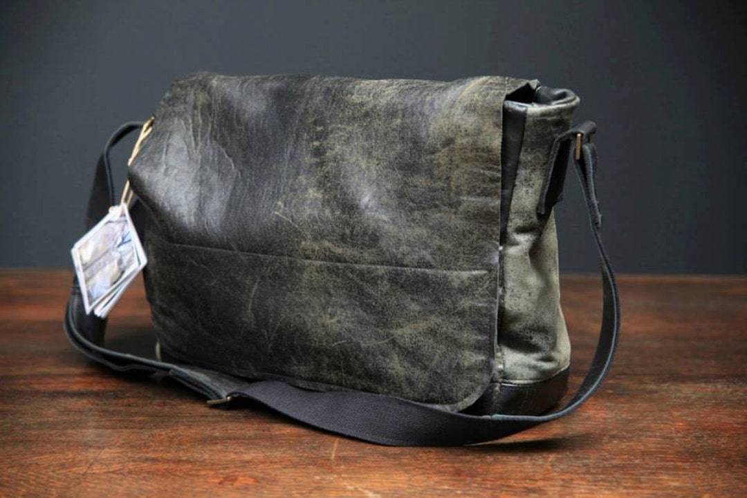 Large Distressed Leather Messenger Bag, Recycled Leather Coat, Laptop ...