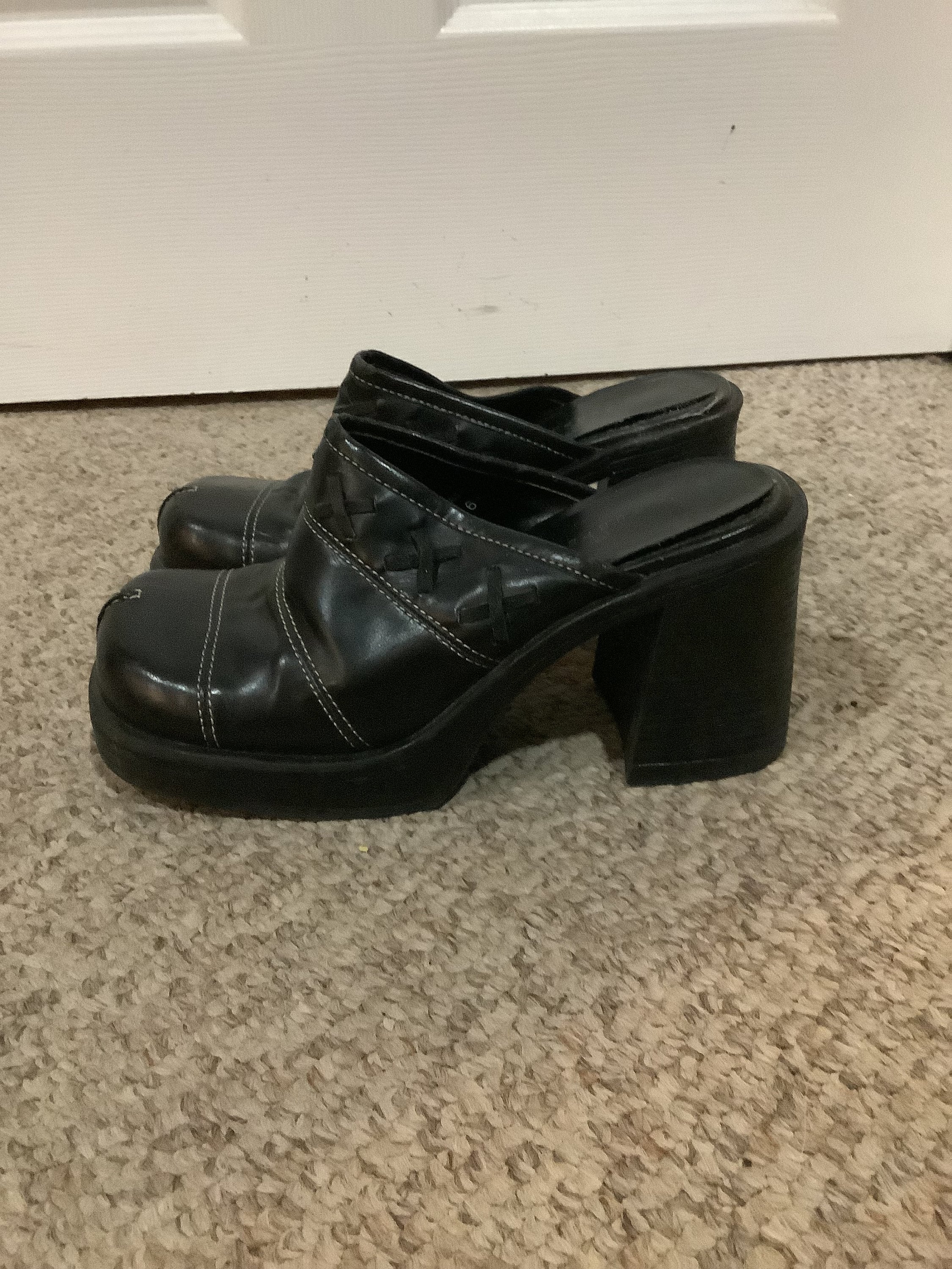 Vintage 90s Curfew Black Platform Boho Stitched Chunky Heel Y2K Mules ...