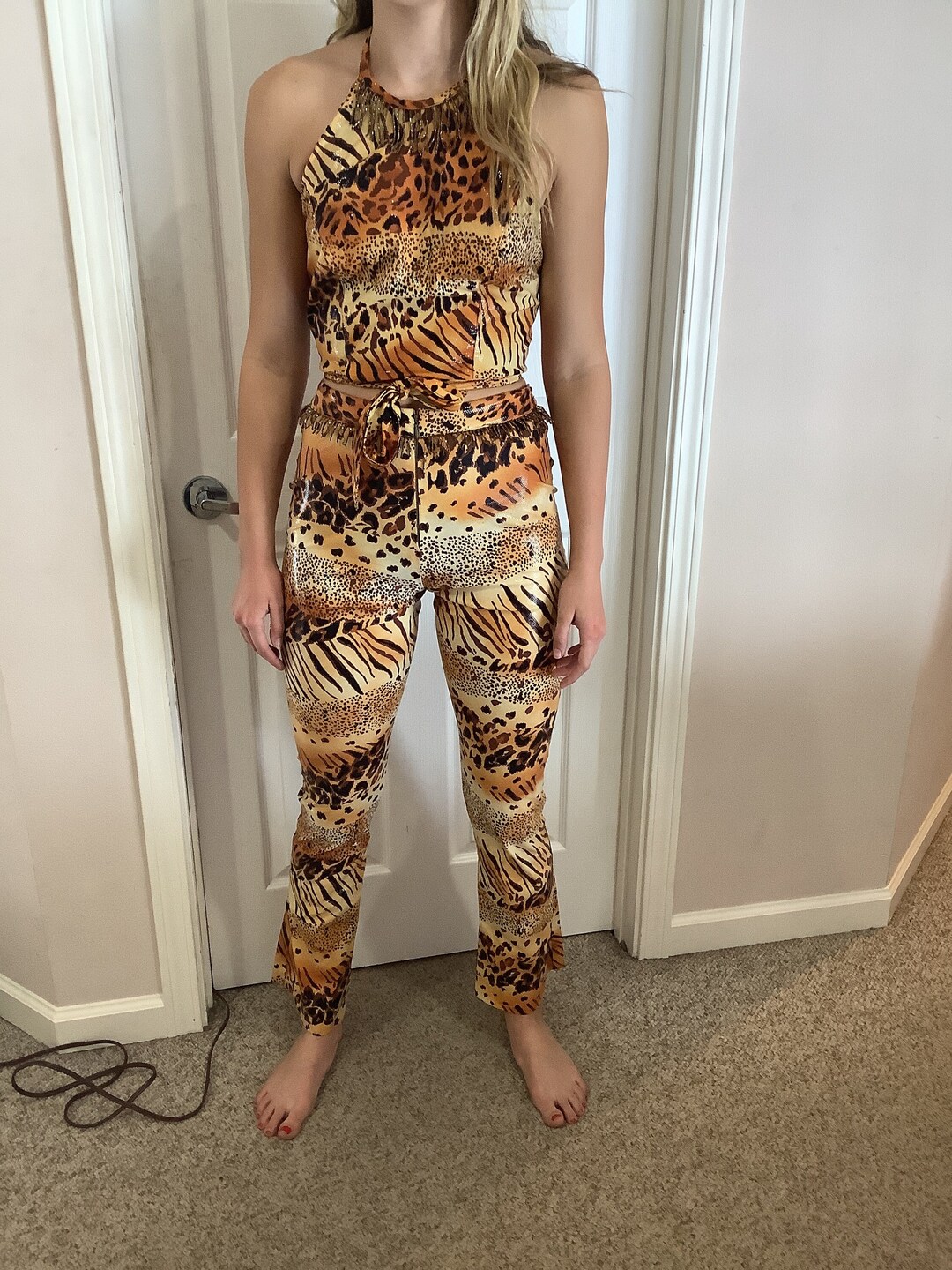 Vintage 90s Janine Jungle Two Piece Sexy Beaded Crop Top Halter With ...