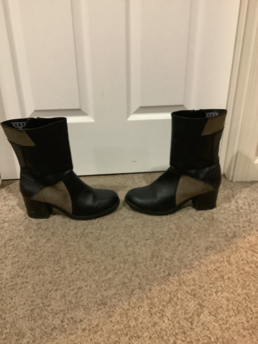 Vintage 90s Metaphor Black Patchwork Chunky Heel Boho Round Toe Boots ...