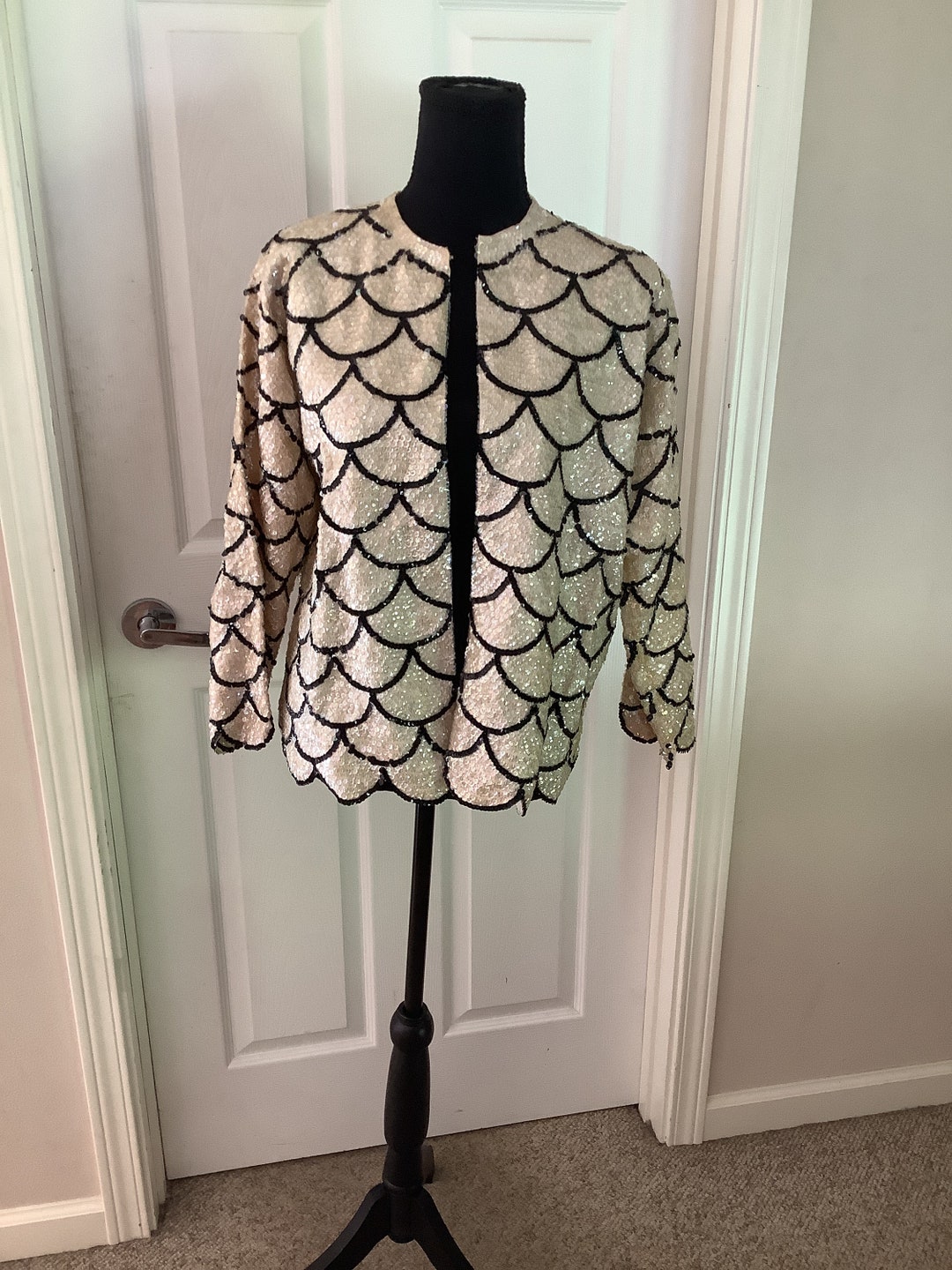 Vintage 50s 60s White Black Scalloped Sequin Bling Jacket Sz M - Etsy