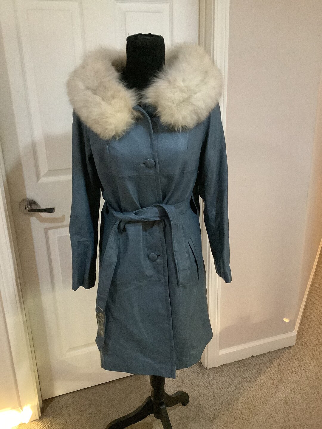 Vintage 70s Peter Caruso Blue Leather Coat With Pale White Real Fur ...
