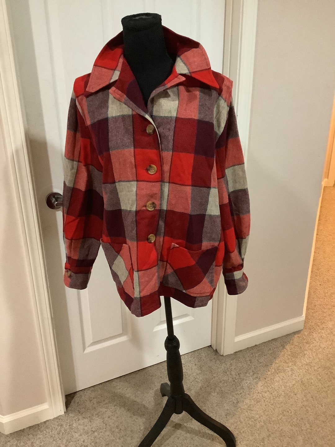 Vintage 50s 60s Western Star Red Tan Blue Plaid 49 Er Wool Button up ...