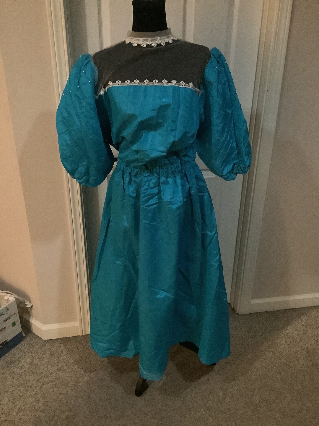 Vintage Turquoise Blue 80s Taffeta Huge Puff Sleeve Homecoming Party ...