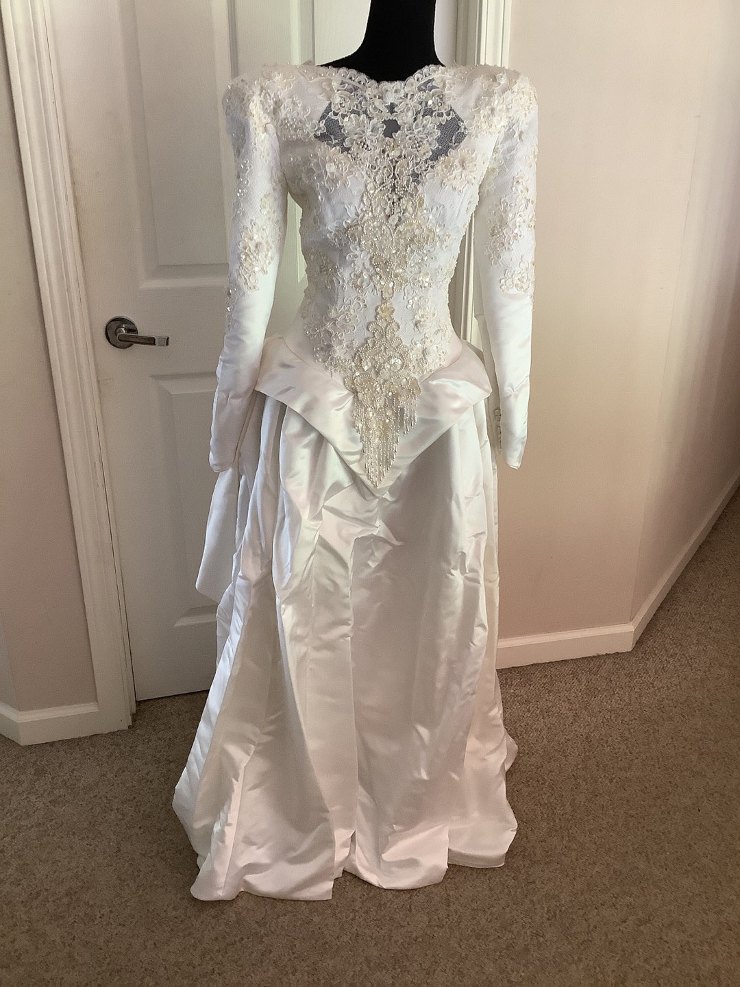 Vtg 80s 90s White Perfect Princess Waist Huge Bow in Back Bustle Puff ...