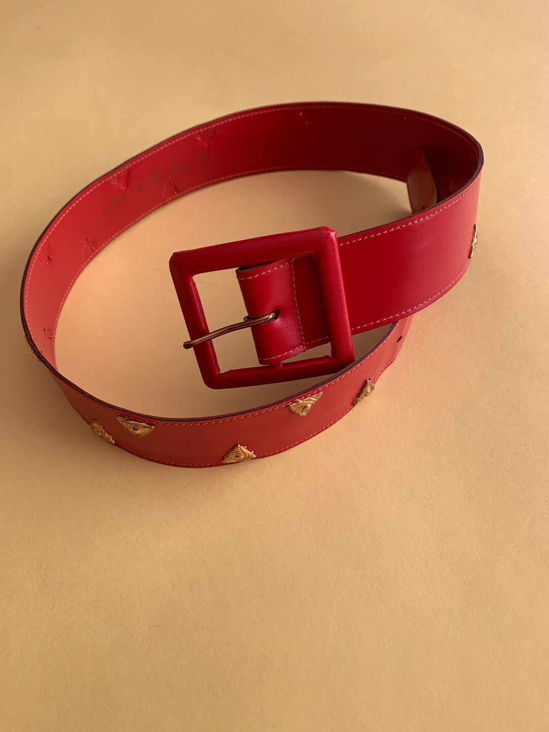 Vintage 80s Red Leather Gold Pyramid Accent Studded Belt Egyptian ...