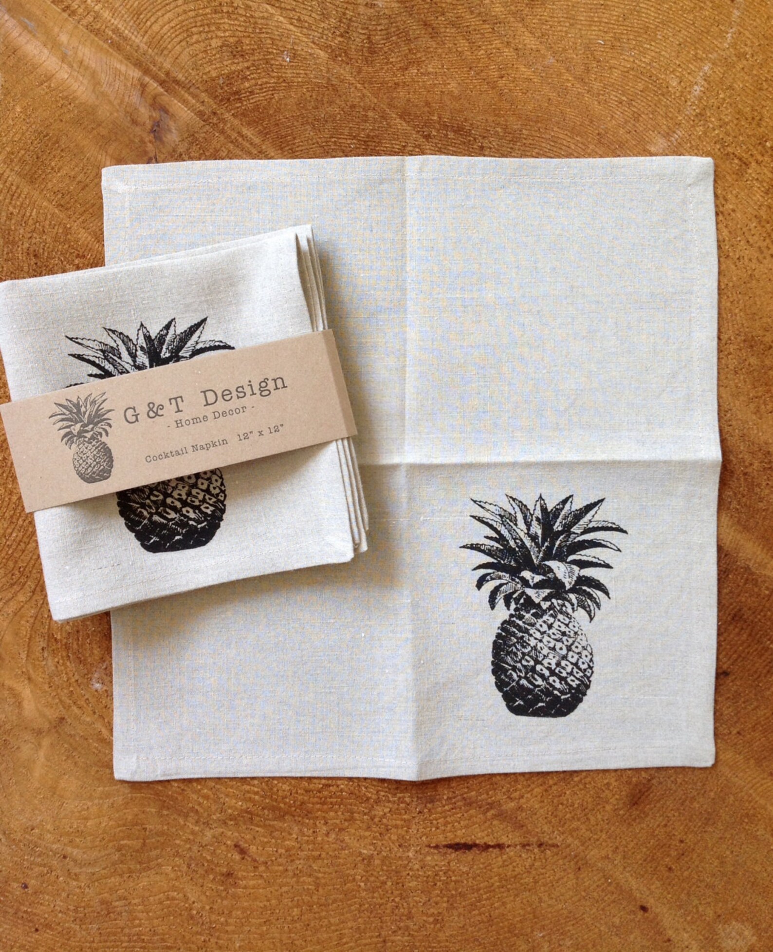 Pineapple Screen Printed Cocktail Napkins, 100% Linen, Set of Four ...