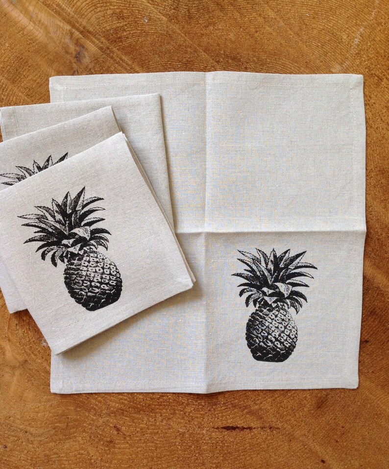 Pineapple Screen Printed Cocktail Napkins, 100% Linen, Set of Four ...