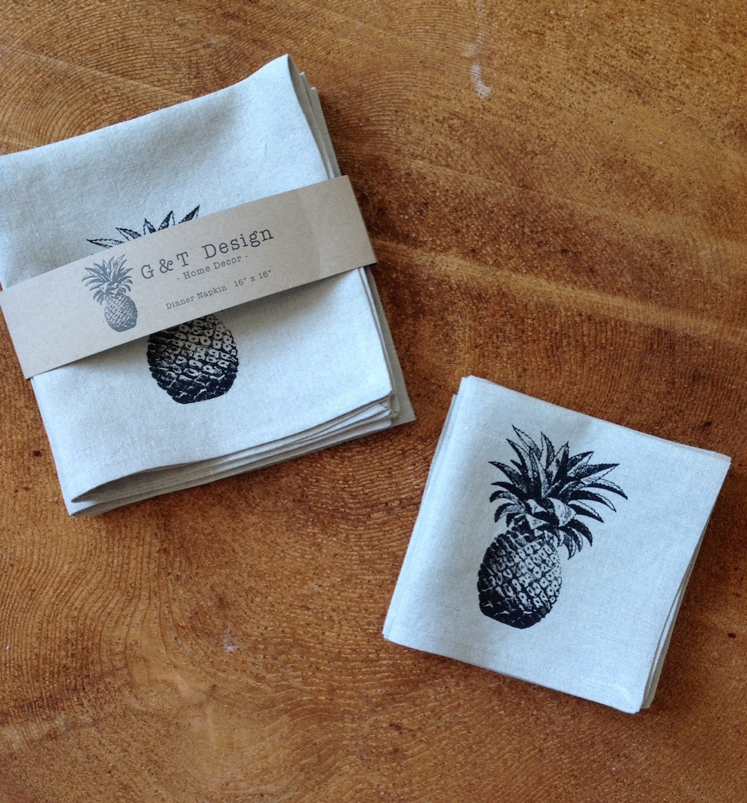 Pineapple Screen Printed Cocktail Napkins, 100% Linen, Set of Four ...