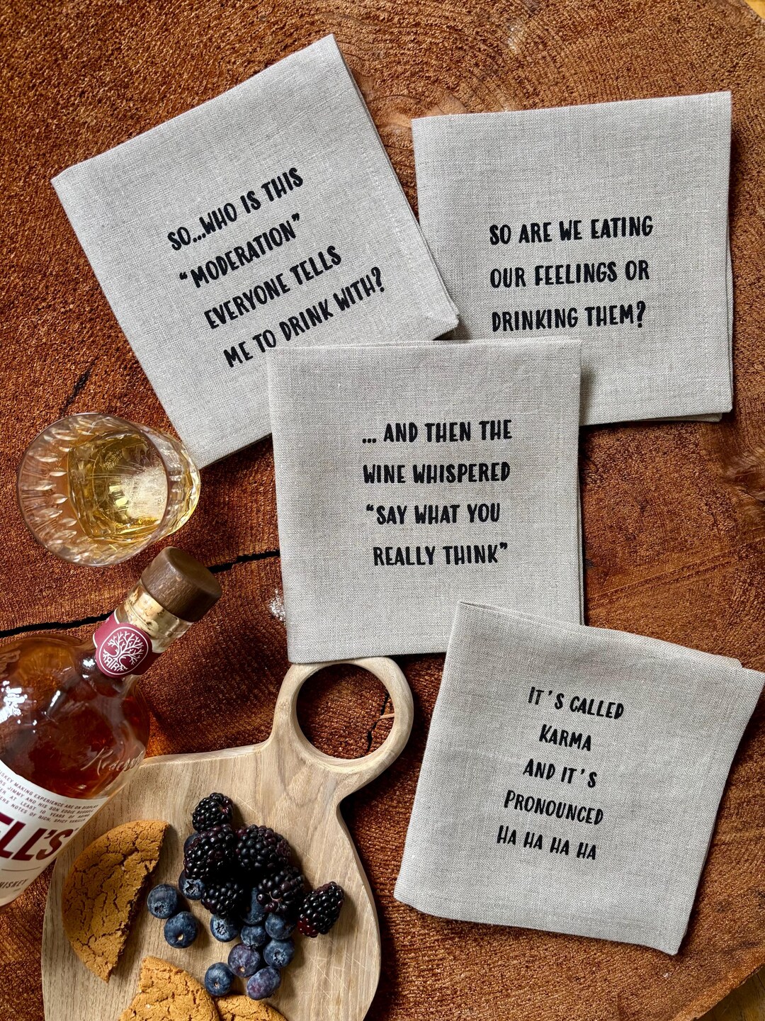100% Linen Cocktail Napkins Screen Printed With 4 Different Hilarious ...