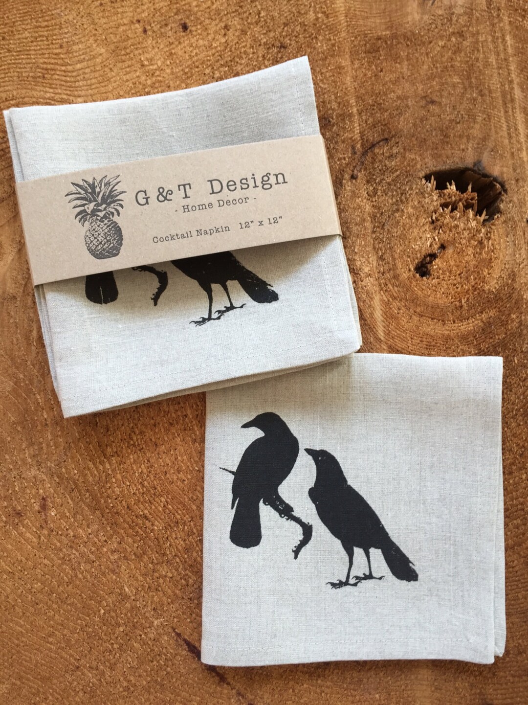 Black Crows Screen Printed Cocktail Napkins on 100% Linen in a Natural ...