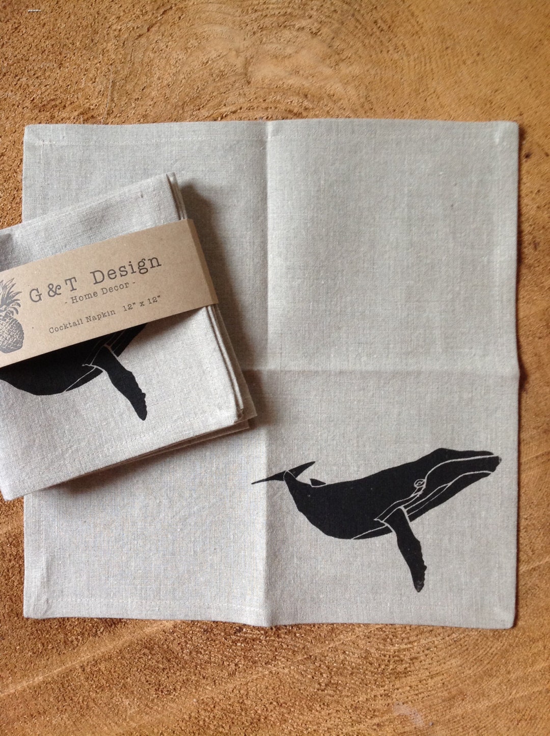 Black Whale 100% Linen Screen Printed Cocktail Napkins, Set of Four ...