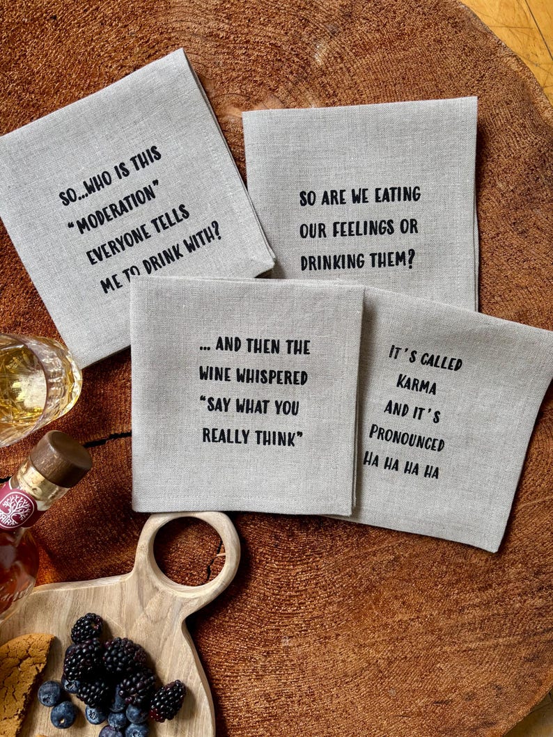 100% Linen Cocktail Napkins Screen Printed With 4 Different Hilarious ...