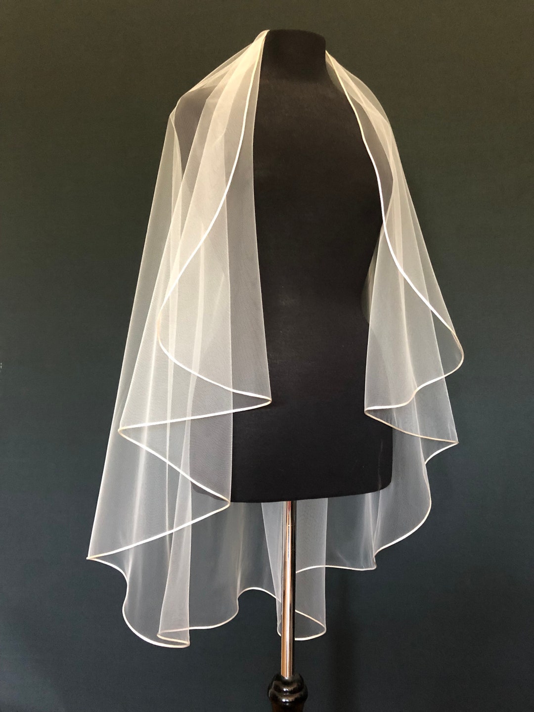 Cascading Veil With 1/8 Satin Cord Trim, Fingertip Veil, Waltz Veil ...
