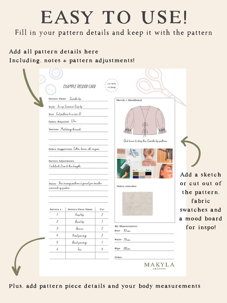 Sewing Pattern Record Card PDF Printable - Etsy