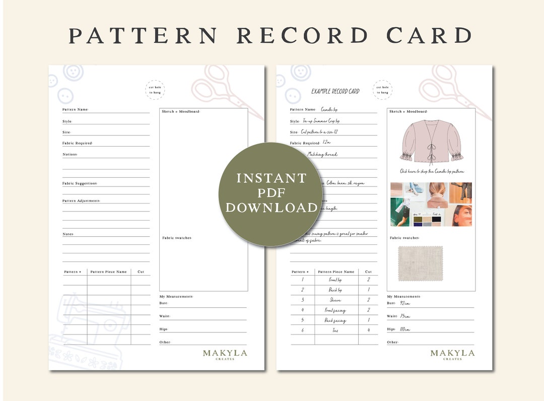 Sewing Pattern Record Card PDF Printable - Etsy