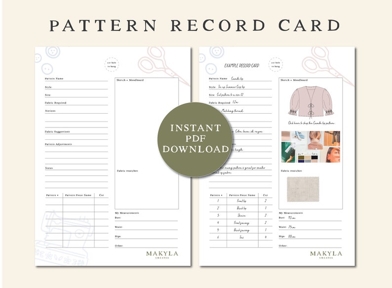 Sewing Pattern Record Card PDF Printable - Etsy