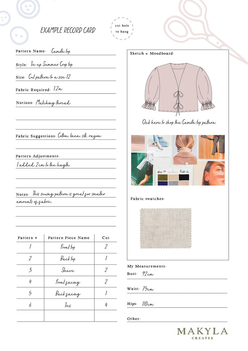 Sewing Pattern Record Card PDF Printable - Etsy New Zealand