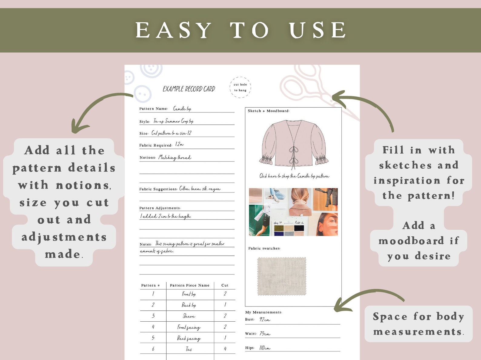 Sewing Pattern Record Card PDF Printable - Etsy