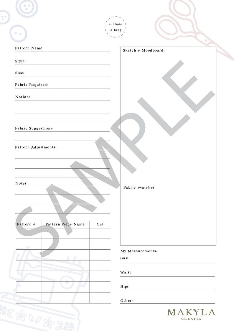 Sewing Pattern Record Card PDF Printable - Etsy