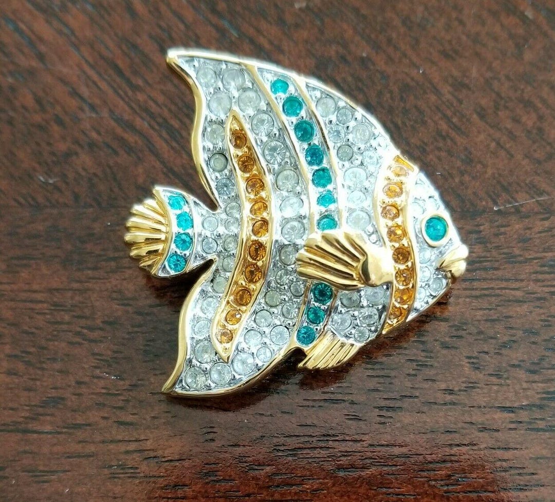 Swarovski Signed Gold Plated Fish Pin Brooch Set With Clear, Orange ...