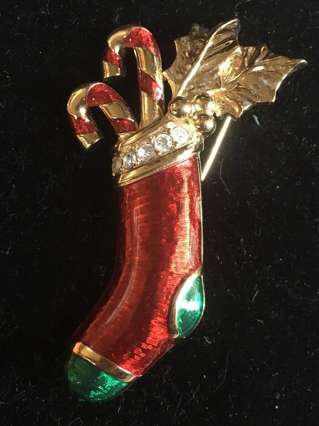Swarovski Signed Red Enamel Christmas Stocking Pin Brooch With Crystals ...
